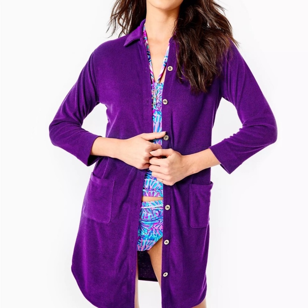Lilly Pulitzer Natalie Purple Terry Button Up Swim Co… - Gem